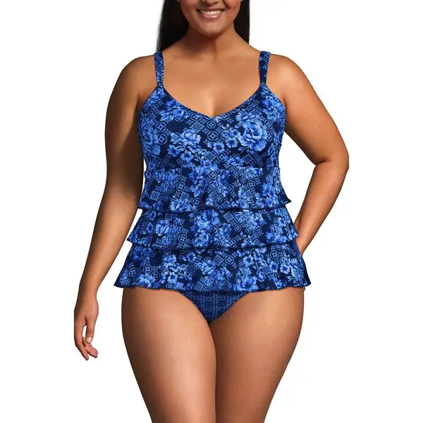 LANDS' END Smoothing Control Ruffle Fauxkini One Piece Swimsuit - Navy Mosaic Floral/tile Mix