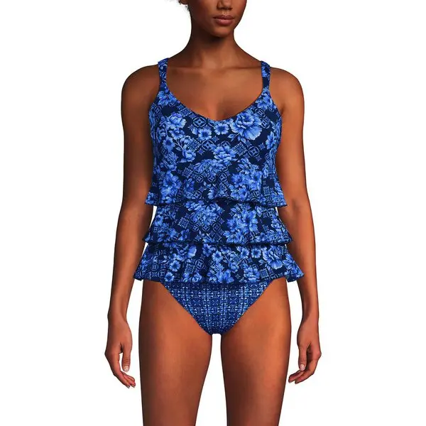 LANDS' END Smoothing Control Ruffle Fauxkini One Piece Swimsuit - Navy Mosaic Floral/tile Mix