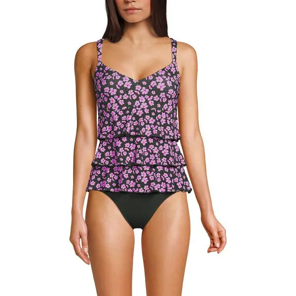 LANDS' END Smoothing Control Ruffle Fauxkini One Piece Swimsuit - Olive Green Pansy Floral