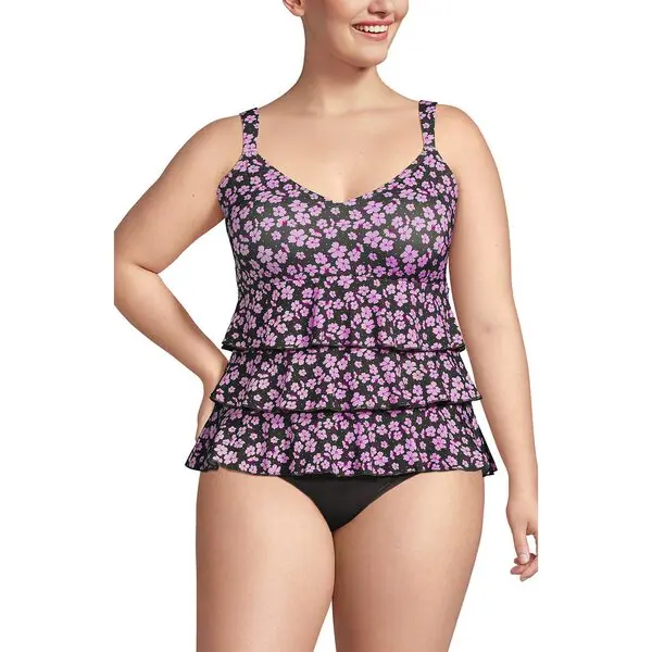 LANDS' END Smoothing Control Ruffle Fauxkini One Piece Swimsuit - Olive Green Pansy Floral