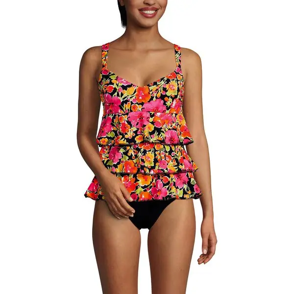 LANDS' END Ruffle Fauxkini One-piece Swimsuit - Painted Blooms/black