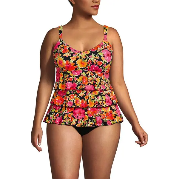 LANDS' END Smoothing Control Ruffle Fauxkini One Piece Swimsuit - Painted Blooms/black