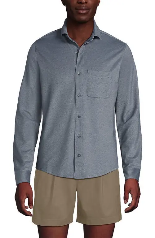 LANDS' END Long Sleeve Knit Travel Kit Oxford Shirt - Steel Gray Birdseye