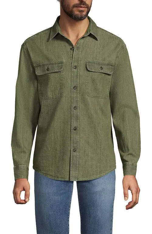 LANDS' END Long Sleeve Indigo Work Shirt - Washed Olive