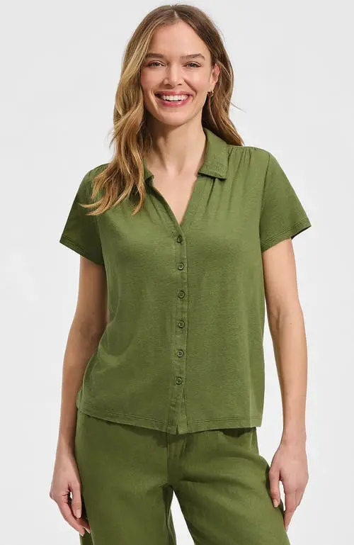LANDS' END Linen Blend Button-front Polo Top - Artichoke