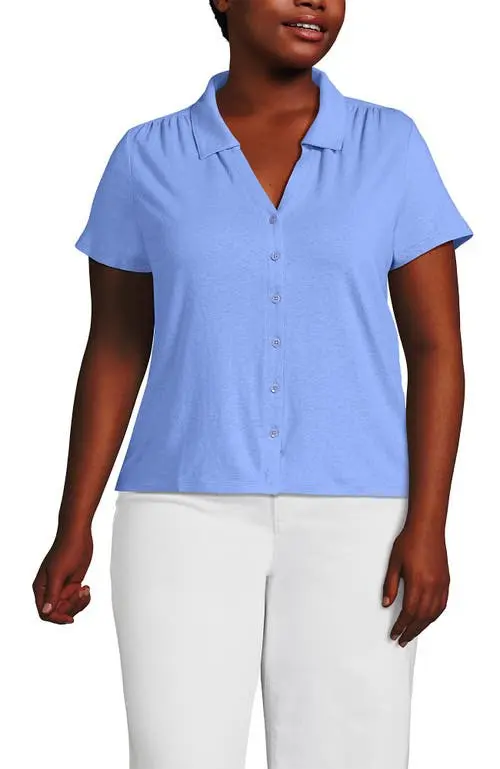 LANDS' END Linen Blend Button-front Polo Top - Clear Blue Sky