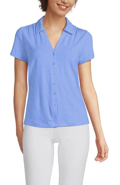 LANDS' END Linen Blend Button-front Polo Top - Clear Blue Sky