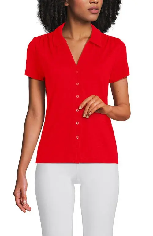 LANDS' END Linen Blend Button-front Polo Top - Coral Red