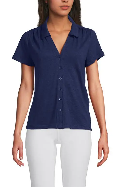 LANDS' END Linen Blend Button-front Polo Top - Deep Sea Navy