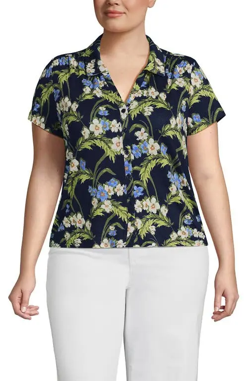 LANDS' END Linen Blend Button-front Polo Top - Deep Sea/blue Floral Tropic