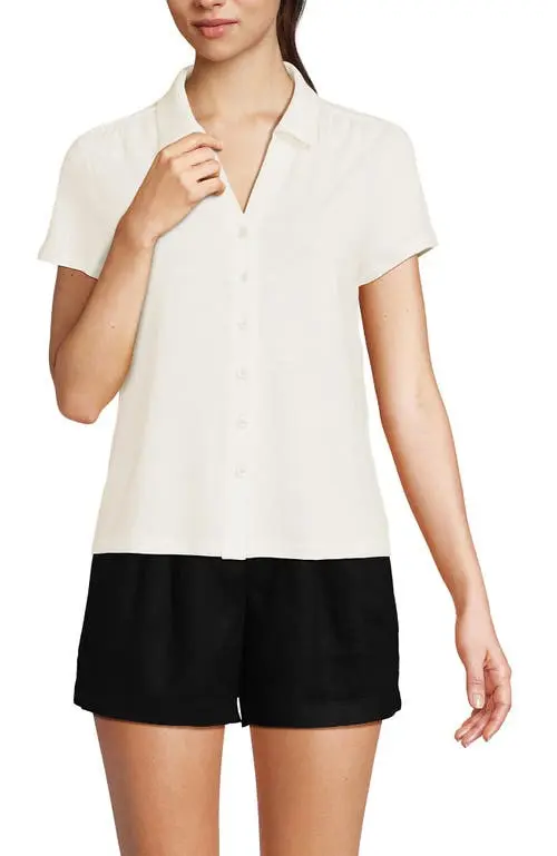 LANDS' END Linen Blend Button-front Polo Top - Ivory
