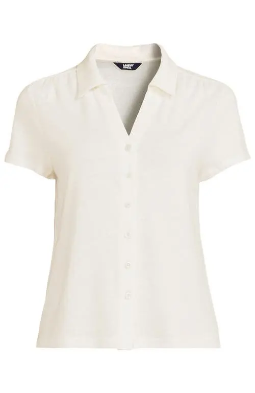 LANDS' END Linen Blend Button-front Polo Top - Ivory
