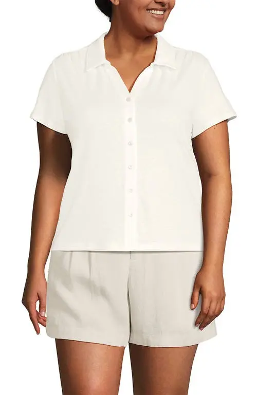 LANDS' END Linen Blend Button-front Polo Top - Ivory