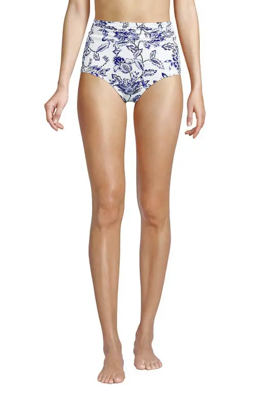 LANDS' END Ruched High-waisted Bikini Bottom - White/blue Vintage Floral