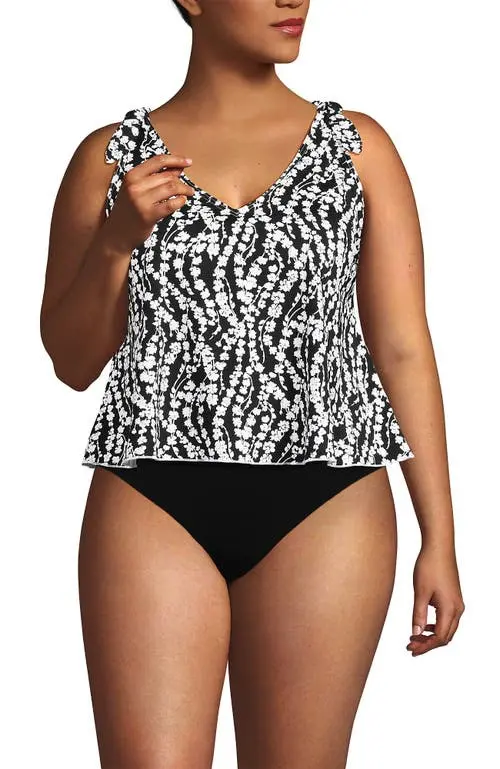LANDS' END Chlorine Resistant V-neck Shoulder Tie Tankini Top - Black/white Vine Floral