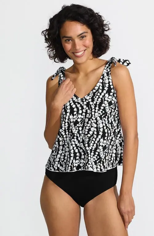 LANDS' END Chlorine Resistant V-neck Shoulder Tie Tankini Top - Black/white Vine Floral