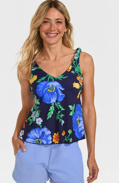 LANDS' END Chlorine Resistant V-neck Shoulder Tie Tankini Top - Navy/exploded Poppy Floral