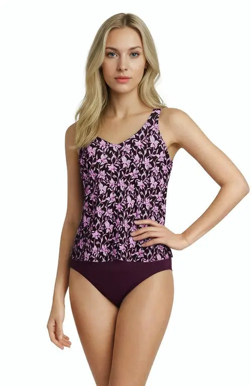 LANDS' END Chlorine Resistant V-neck Shoulder Tie Tankini Top - Tropic Floral Ditsy/dark Wine