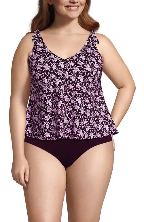 LANDS' END Chlorine Resistant V-neck Shoulder Tie Tankini Top - Tropic Floral Ditsy/dark Wine