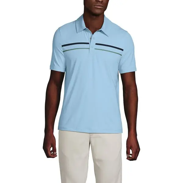 LANDS' END Short Sleeve Performance Snap Polo - Light Sky Blue Placed Stripe