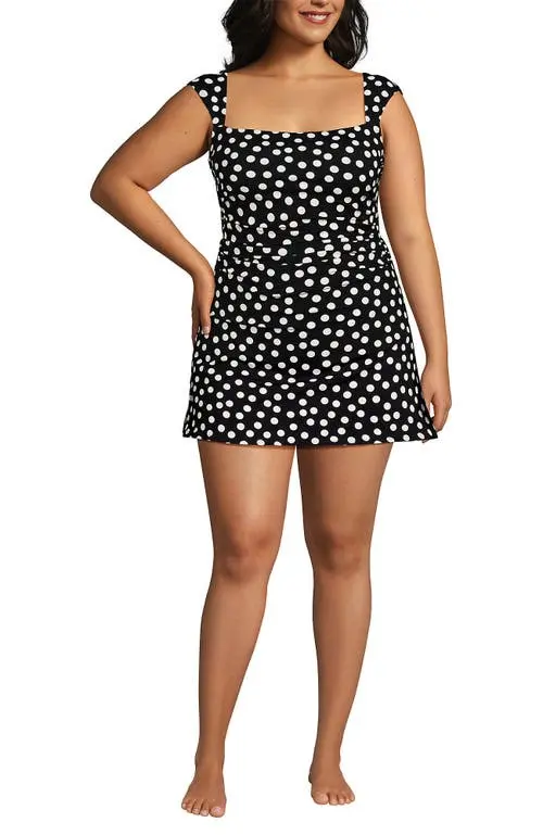 LANDS' END Chlorine Resistant Ruched Swim Dress - Black/egret White Tossed Dots