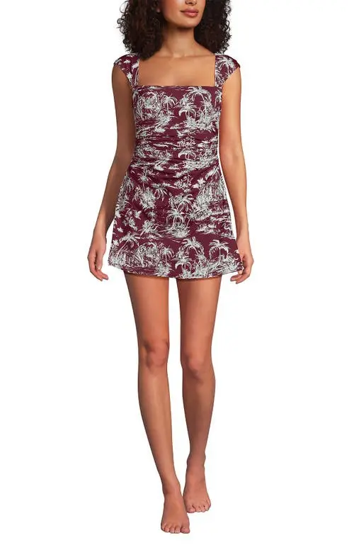 LANDS' END Square Neck Ruched Swim Dress - Burgundy Island Scenic