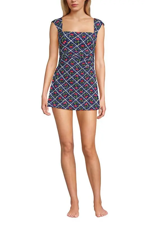 LANDS' END Chlorine Resistant Ruched Swim Dress - Cherries/deep Sea Navy Plaid