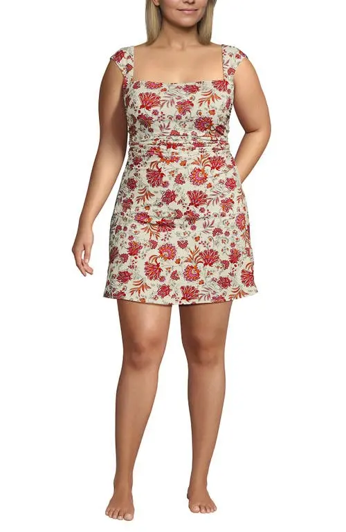 LANDS' END Chlorine Resistant Ruched Swim Dress - Egret White Ornate Floral
