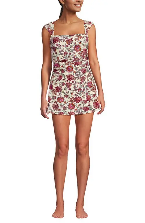 LANDS' END Square Neck Ruched Swim Dress - Egret White Ornate Floral