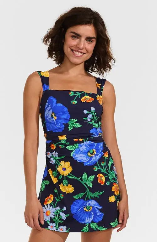 LANDS' END Square Neck Ruched Swim Dress - Navy/exploded Poppy Floral