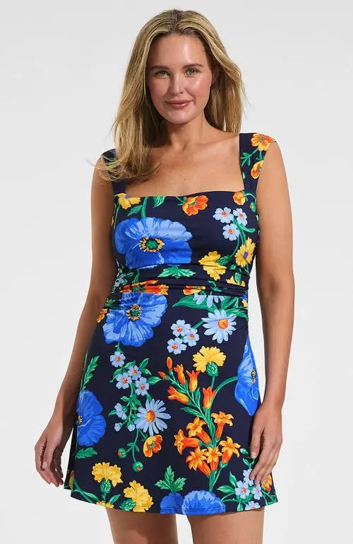 LANDS' END Chlorine Resistant Ruched Swim Dress - Navy/exploded Poppy Floral