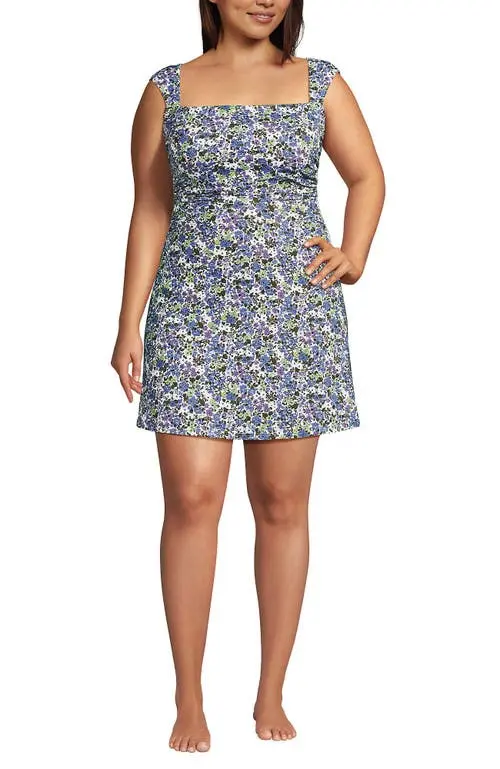 LANDS' END Chlorine Resistant Ruched Swim Dress - White/lilac Multi Ditsy Floral