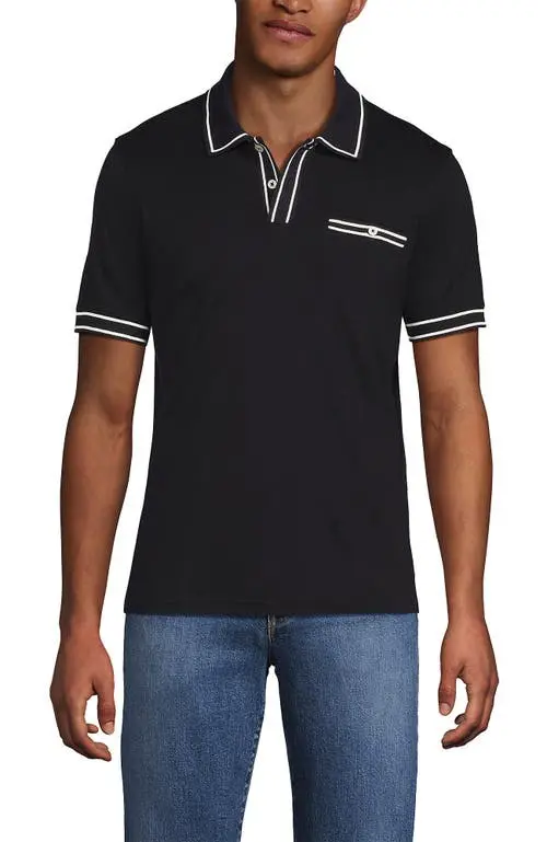 LANDS' END Short Sleeve Tipped Welt Pocket Supima Polo - Black