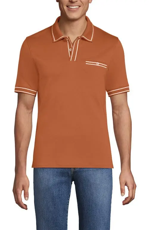 LANDS' END Short Sleeve Tipped Welt Pocket Supima Polo - Copper Orange