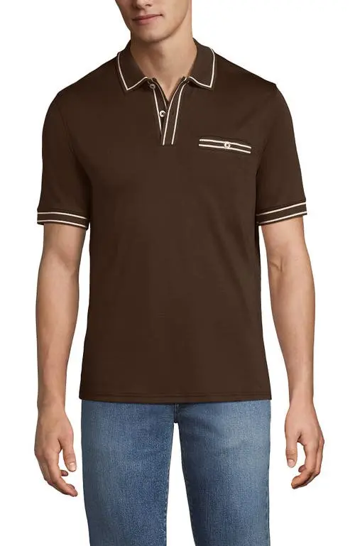 LANDS' END Short Sleeve Tipped Welt Pocket Supima Polo - Dark Walnut Brown