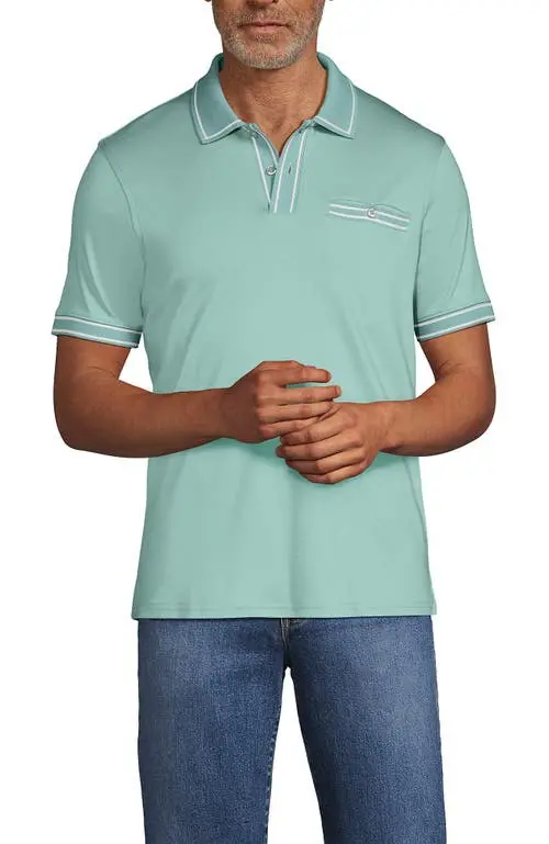 LANDS' END Short Sleeve Tipped Welt Pocket Supima Polo - Pale Teal