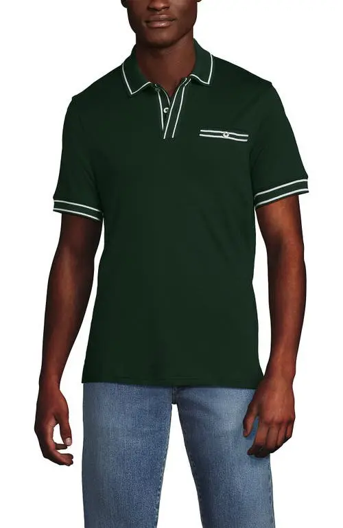 LANDS' END Short Sleeve Tipped Welt Pocket Supima Polo - Pine Valley
