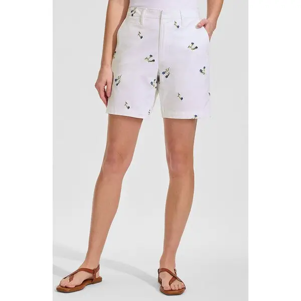 LANDS' END Classic 7" Chino Shorts With Elastic Back - White/blue Floral Embroidery
