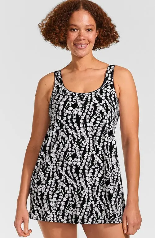 LANDS' END Swim Dress One Piece Swimsuit - Black/white Vine Floral
