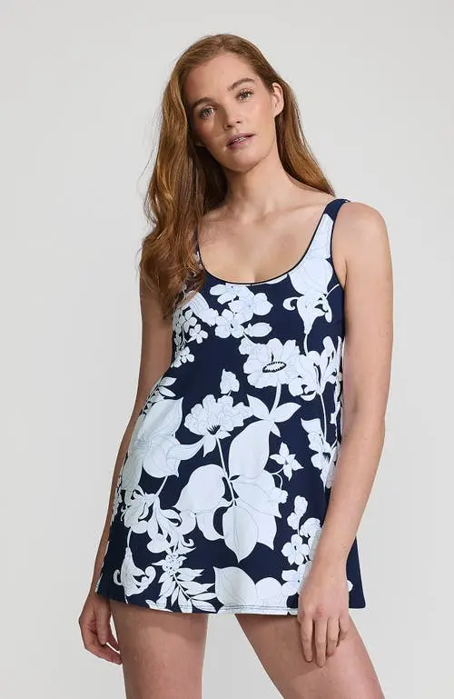 LANDS' END Mini Swim Dress With One-piece Swimsuit - Deep Sea Navy/white Lilies