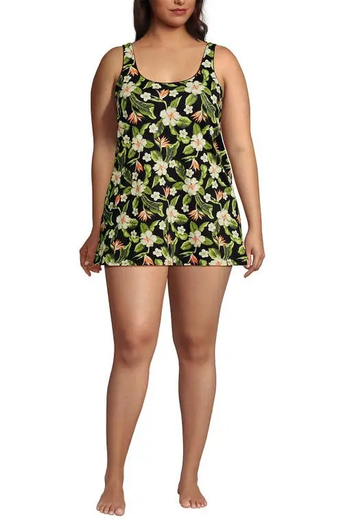 LANDS' END Swim Dress One Piece Swimsuit - Hibiscus Floral/black