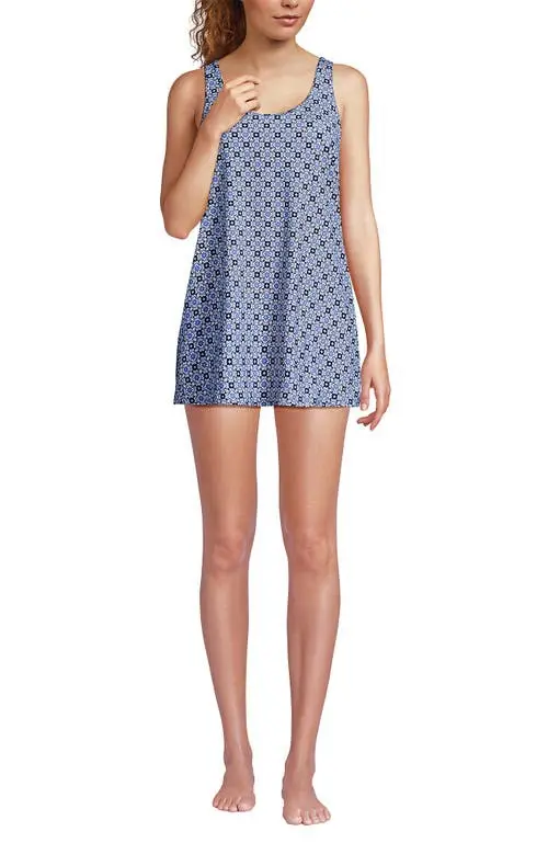 LANDS' END Swim Mini Dress One Piece Swimsuit - Lake Blue Geo Floral