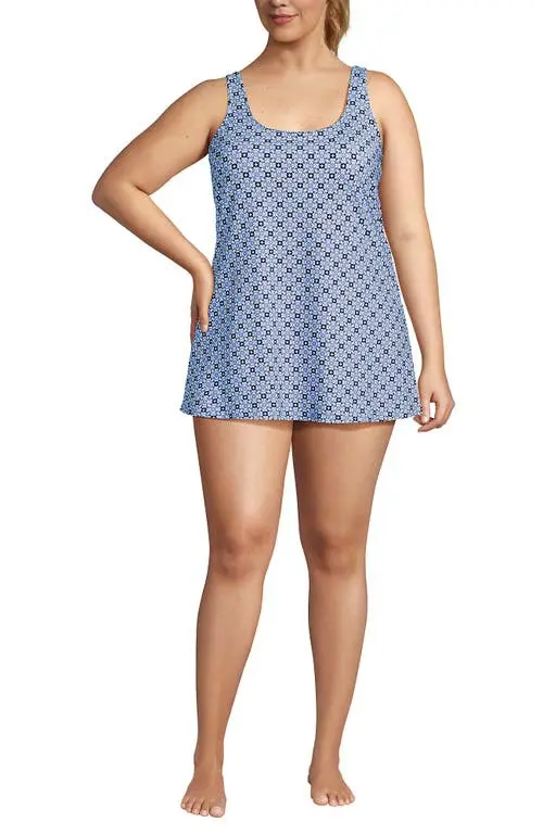 LANDS' END Swim Dress One Piece Swimsuit - Navy/cobalt Mosaic Geo Border