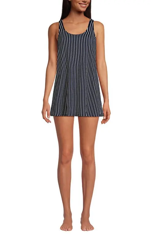 LANDS' END Swim Mini Dress One Piece Swimsuit - Navy/egret White Stripe