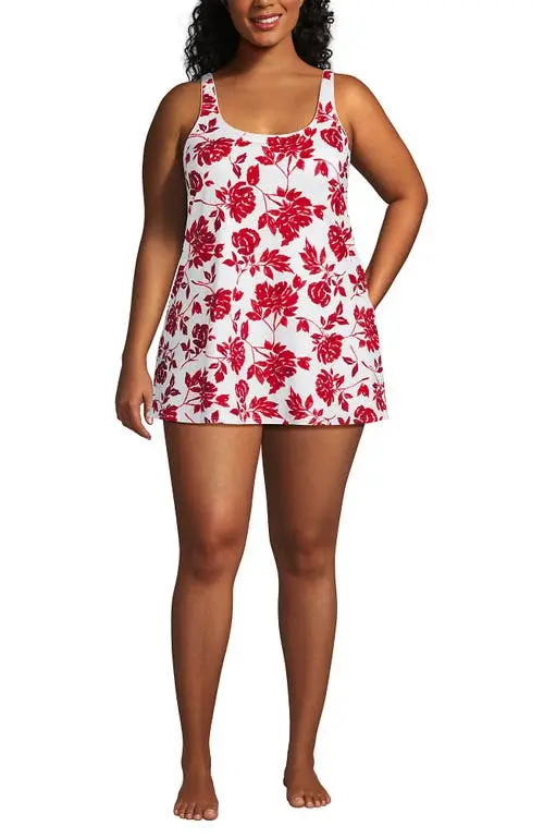 LANDS' END Swim Dress One Piece Swimsuit - Red Graphic Floral