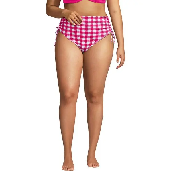 LANDS' END Adjustable High Waisted Bikini Bottom - Azalea Pink Gingham Pique