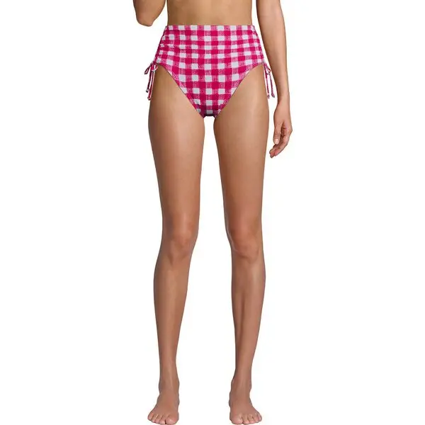 LANDS' END Chlorine Resistant Adjustable High-waisted Bikini Bottom - Azalea Pink Gingham Pique
