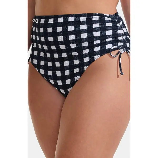 LANDS' END Chlorine Resistant Adjustable High Waisted Bikini Swim Bottom - Navy Gingham Pique