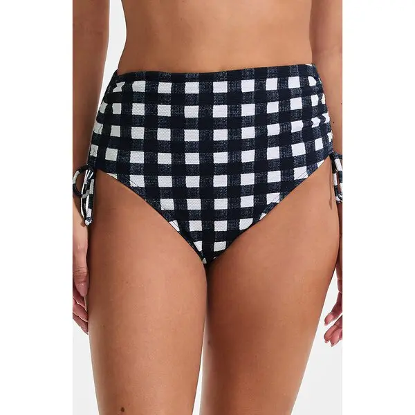 LANDS' END Chlorine Resistant Adjustable High-waisted Bikini Bottom - Navy Gingham Pique
