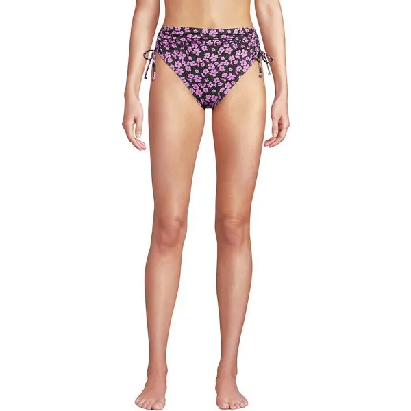 LANDS' END Chlorine Resistant Adjustable High Waisted Bikini Swim Bottom - Olive Green Pansy Floral